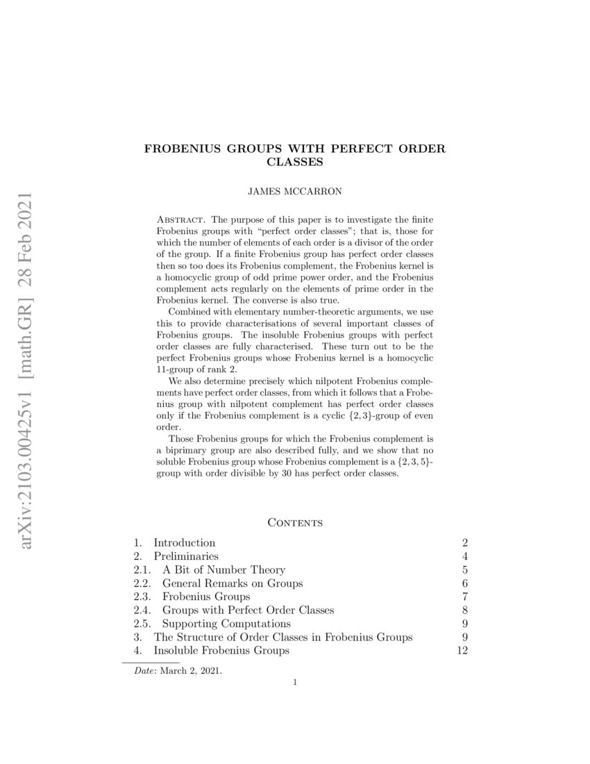 Frobenius Groups with Perfect Order Classes | DeepAI