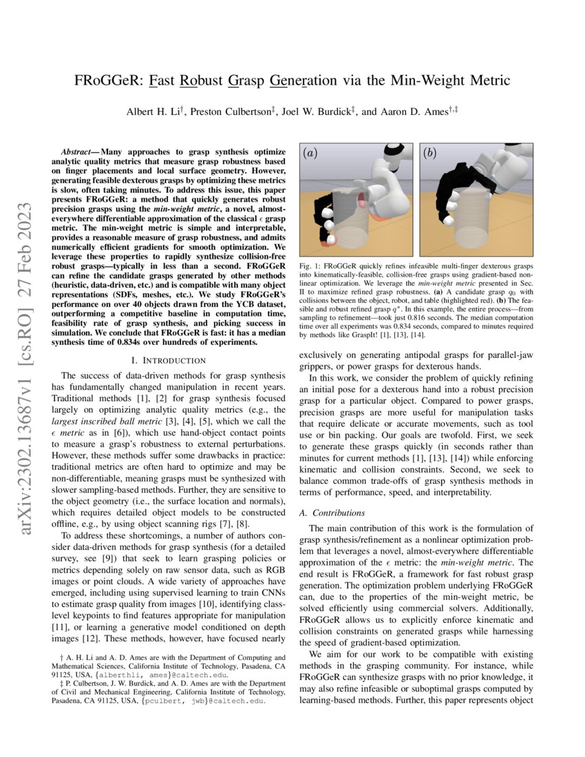 FRoGGeR: Fast Robust Grasp Generation via the Min-Weight Metric | DeepAI