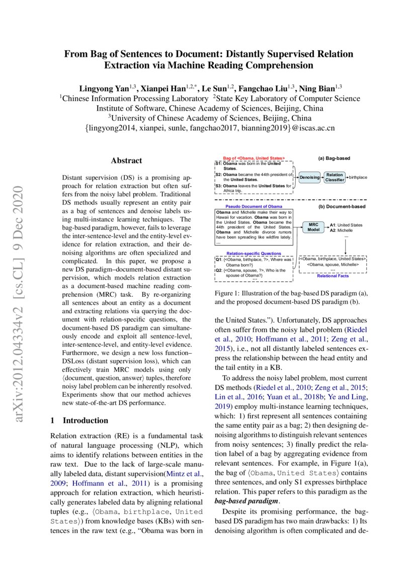From Bag Of Sentences To Document Distantly Supervised Relation Extraction Via Machine Reading
