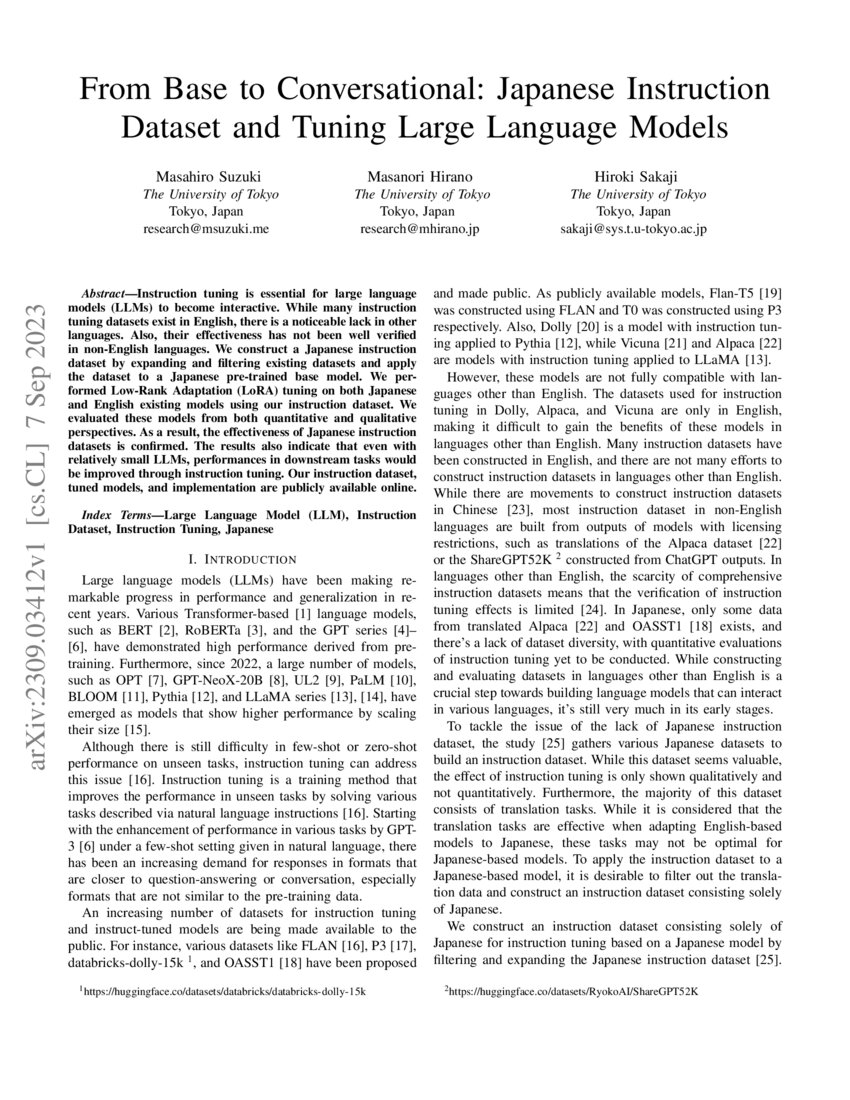 From Base to Conversational: Japanese Instruction Dataset and Tuning ... From Base to Conversational: Japanese Instruction Dataset and Tuning ...