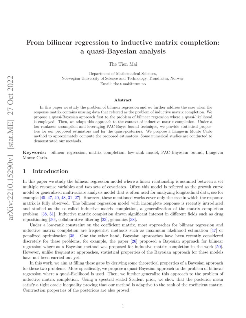 From Bilinear Regression To Inductive Matrix Completion A Quasi Bayesian Analysis Deepai