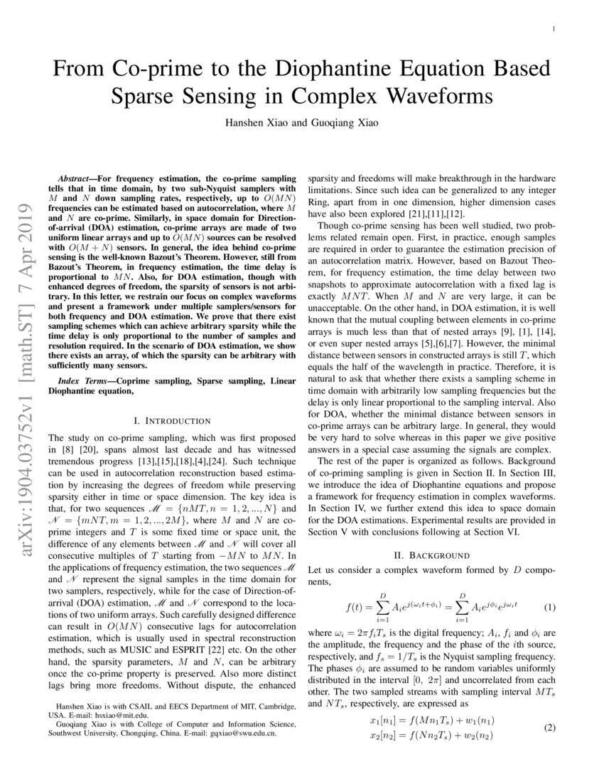 From Co Prime To The Diophantine Equation Based Sparse Sensing In Complex Waveforms Deepai
