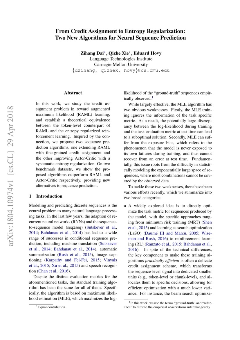 From Credit Assignment To Entropy Regularization Two New Algorithms For Neural Sequence