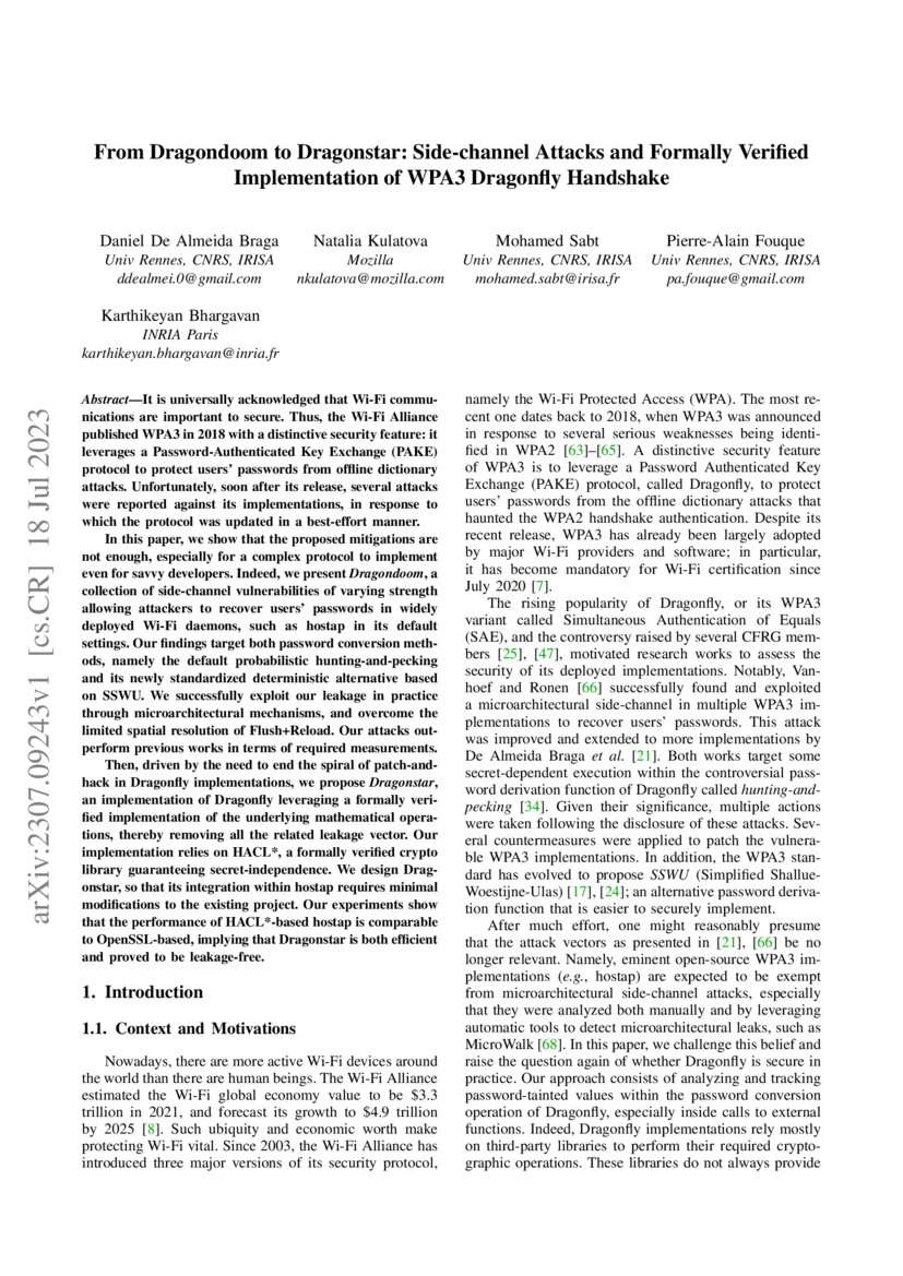From Dragondoom to Dragonstar: Side-channel Attacks and Formally Verified Implementation of WPA3 ...