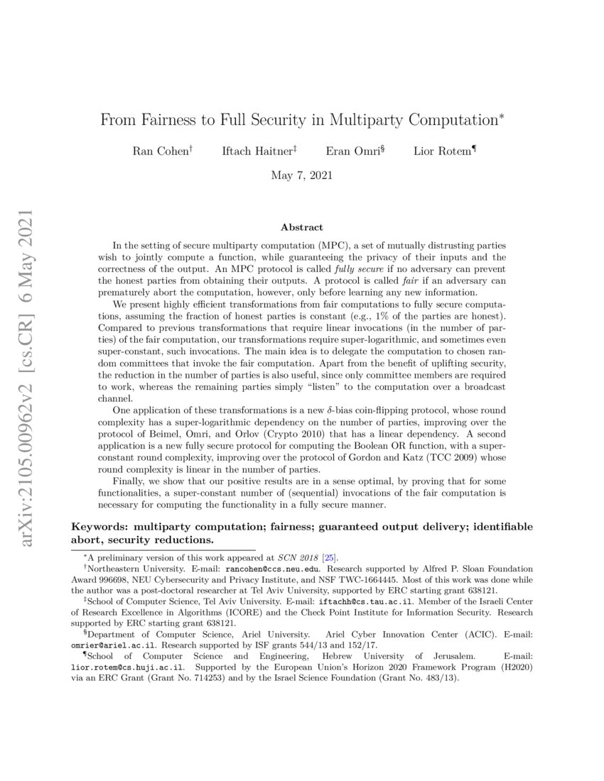 From Fairness to Full Security in Multiparty Computation | DeepAI