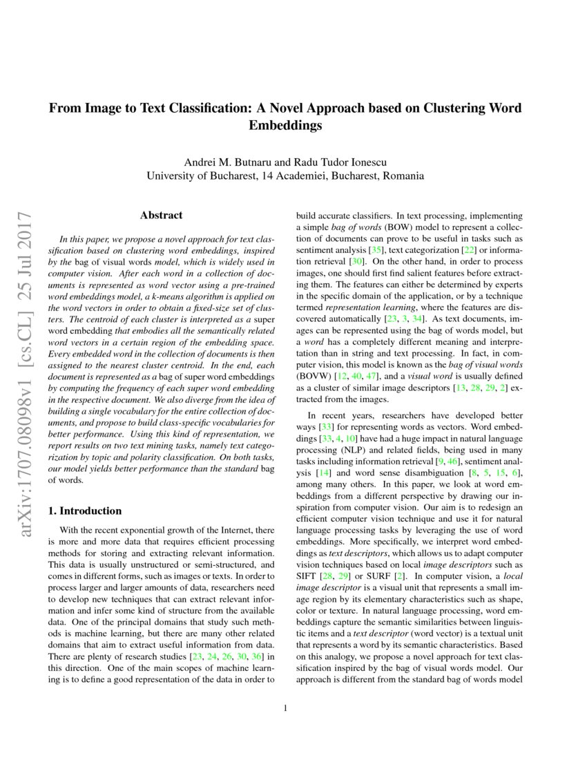 From Image To Text Classification A Novel Approach Based On Clustering Word Embeddings Deepai 