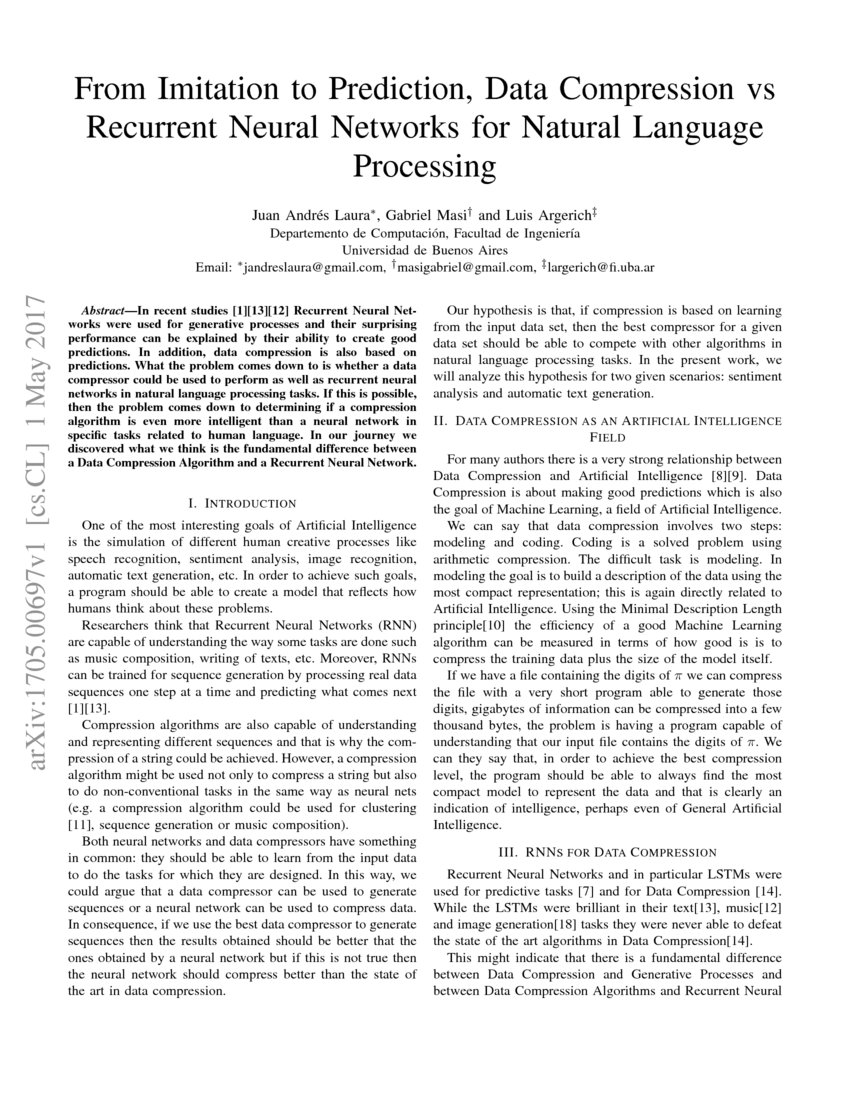 From Imitation To Prediction Data Compression Vs Recurrent Neural Networks For Natural Language