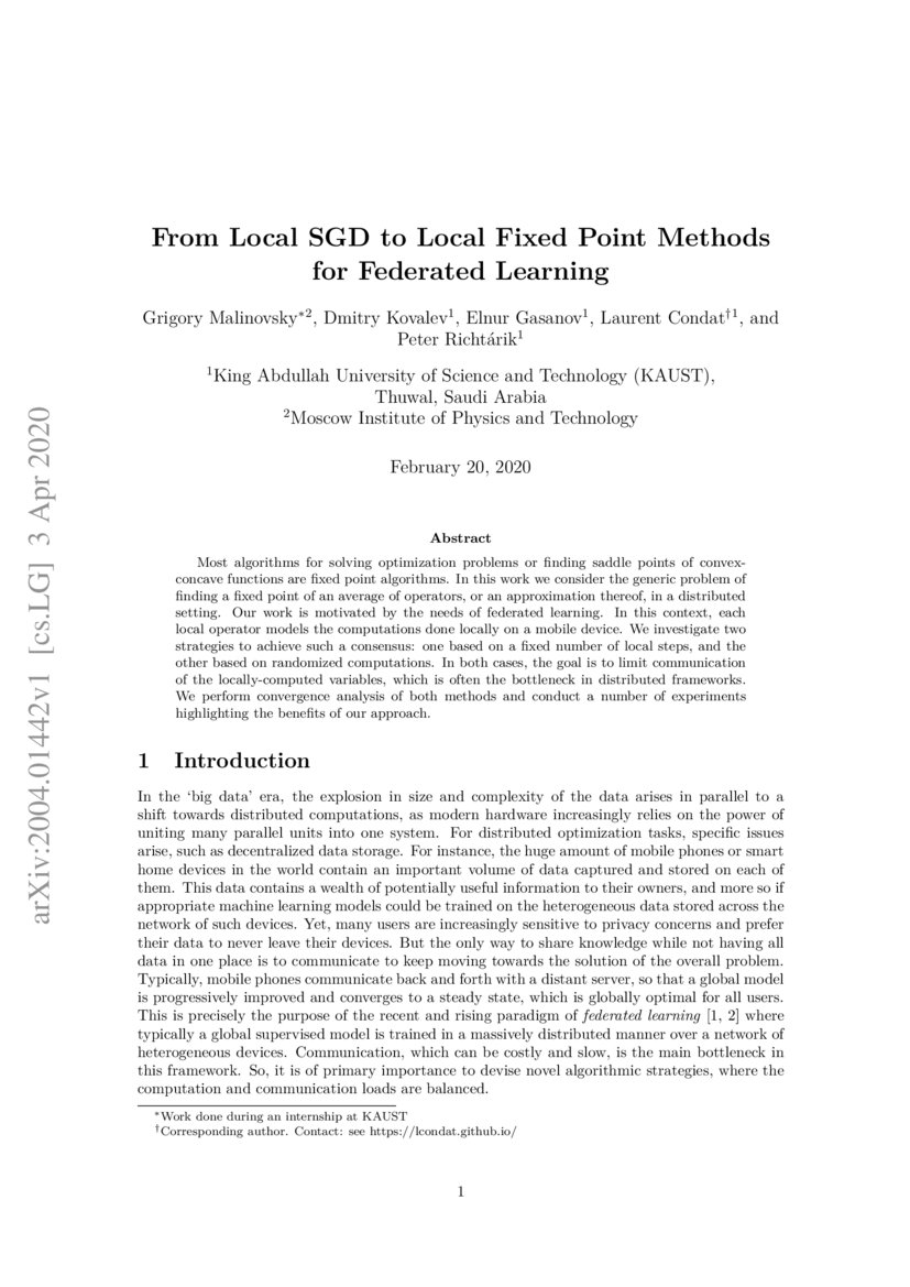 From Local SGD to Local Fixed Point Methods for Federated Learning | DeepAI
