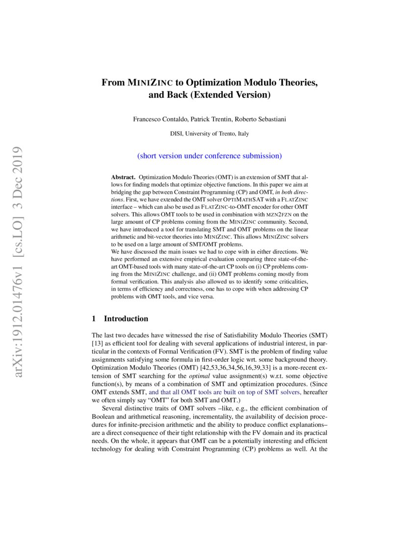 From Minizinc To Optimization Modulo Theories And Back Extended Version Deepai 7308