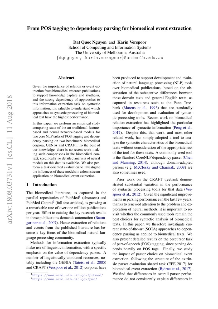 From Pos Tagging To Dependency Parsing For Biomedical Event Extraction Deepai