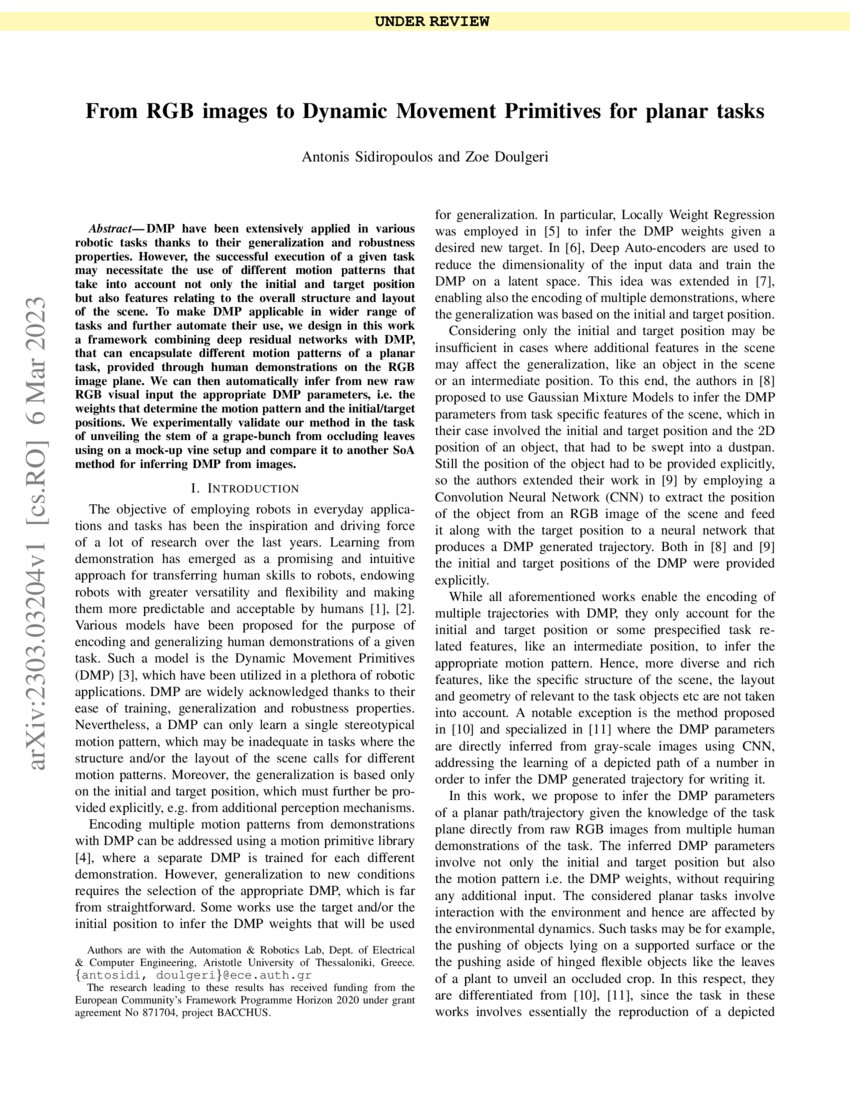 From RGB images to Dynamic Movement Primitives for planar tasks | DeepAI