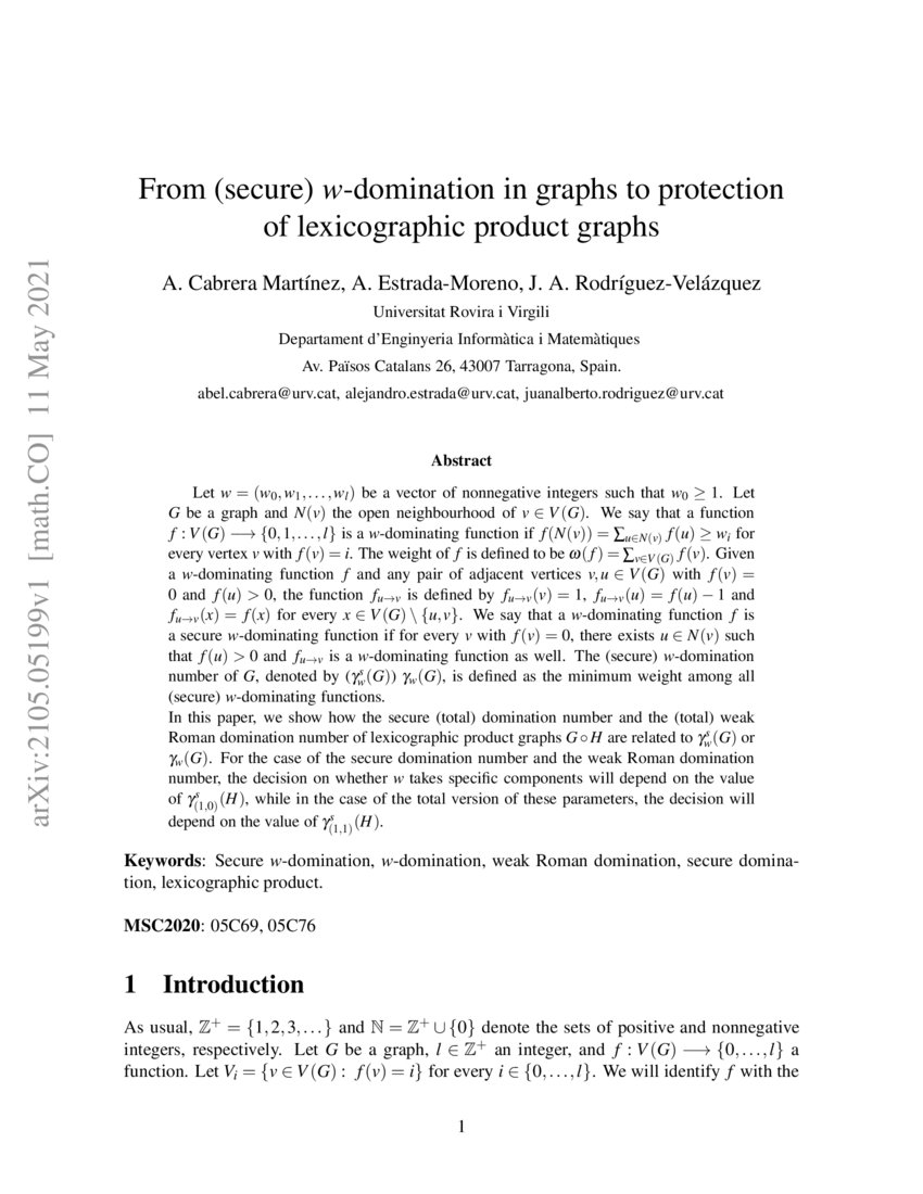 From (secure) w-domination in graphs to protection of lexicographic product graphs | DeepAI