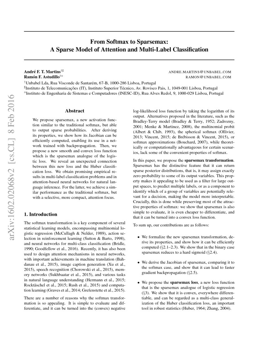 From Softmax To Sparsemax A Sparse Model Of Attention And Multi Label Classification Deepai