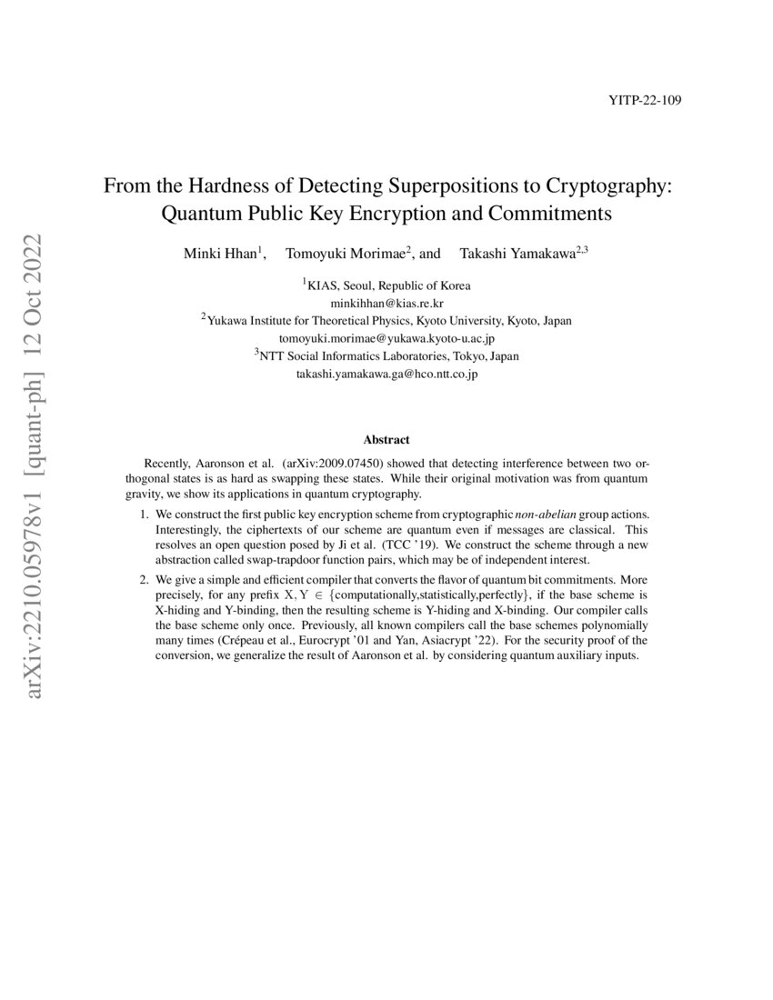 From The Hardness Of Detecting Superpositions To Cryptography Quantum Public Key Encryption And