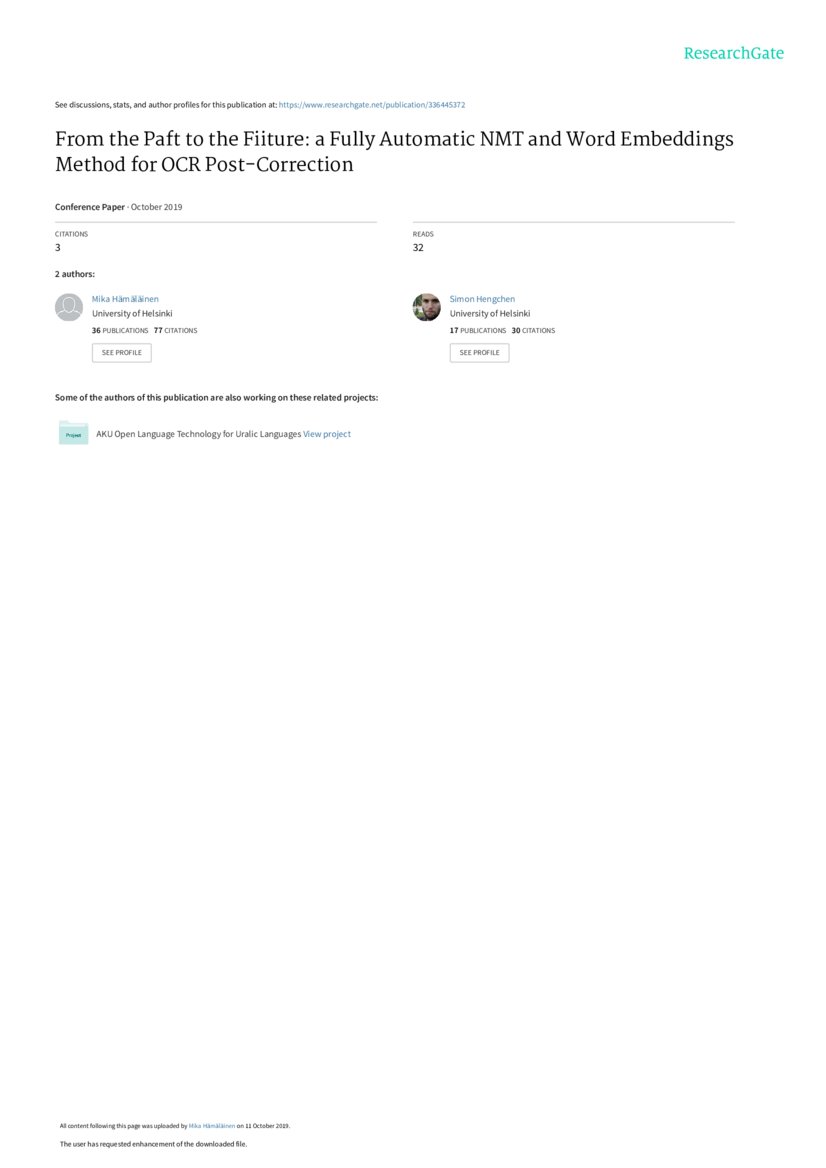 From the Paft to the Fiiture: a Fully Automatic NMT and Word Embeddings Method for OCR Post ...