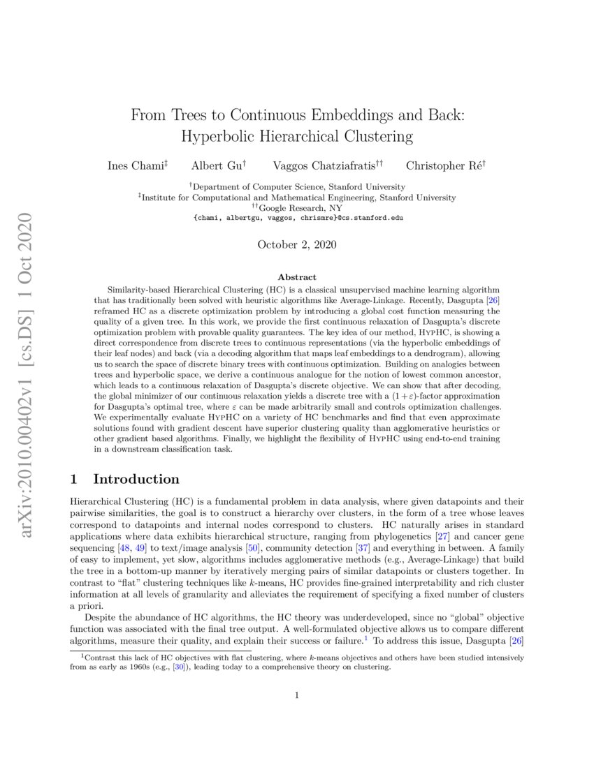 From Trees to Continuous Embeddings and Back: Hyperbolic Hierarchical Clustering | DeepAI