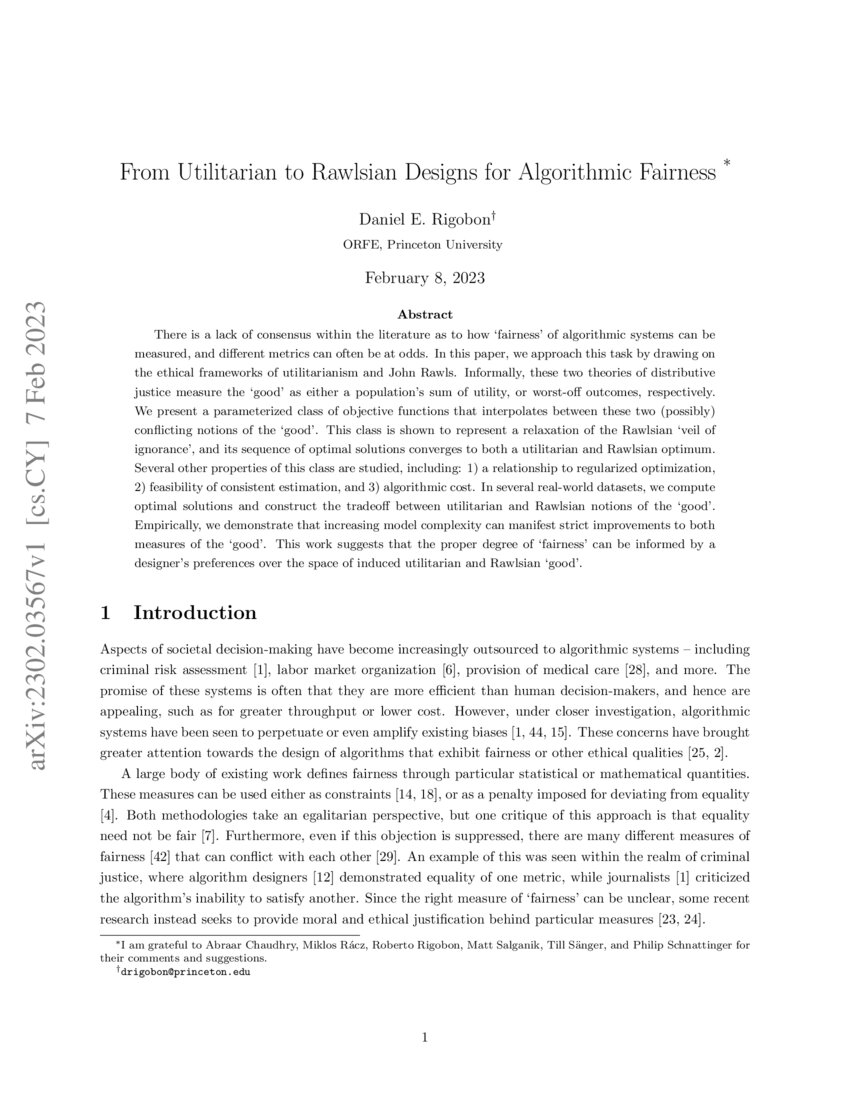 From Utilitarian to Rawlsian Designs for Algorithmic Fairness | DeepAI