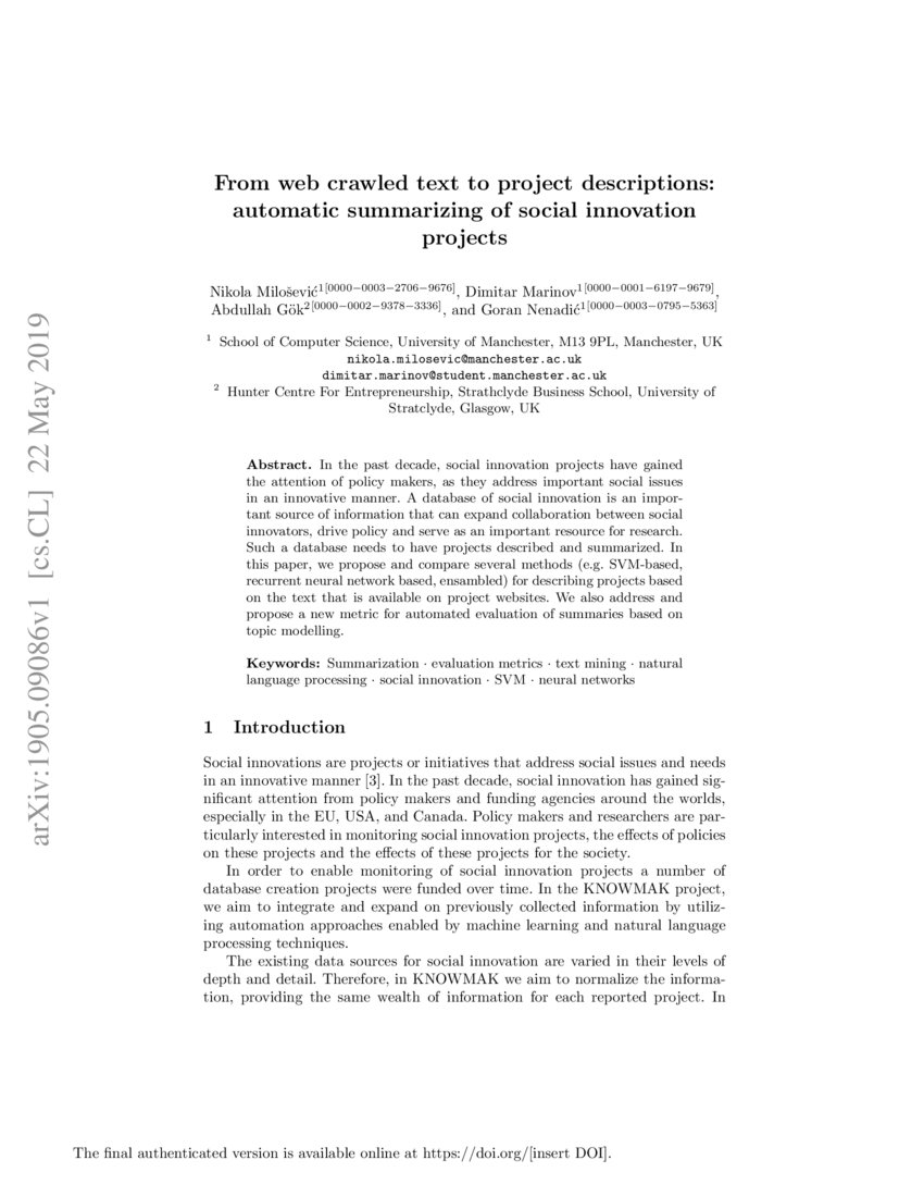 From web crawled text to project descriptions: automatic summarizing of ...