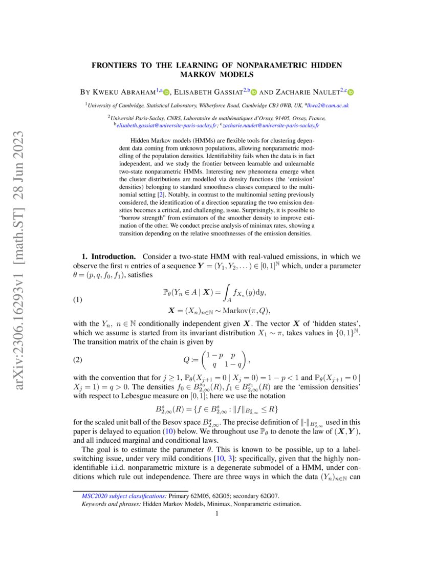 Frontiers To The Learning Of Nonparametric Hidden Markov Models Deepai