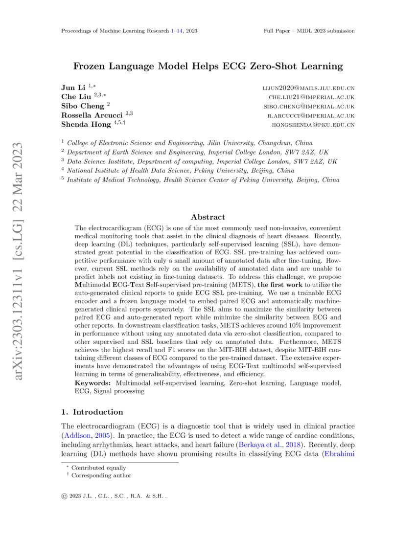 Frozen Language Model Helps ECG Zero-Shot Learning | DeepAI