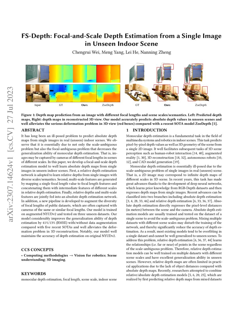Fs Depth Focal And Scale Depth Estimation From A Single Image In Unseen Indoor Scene Deepai
