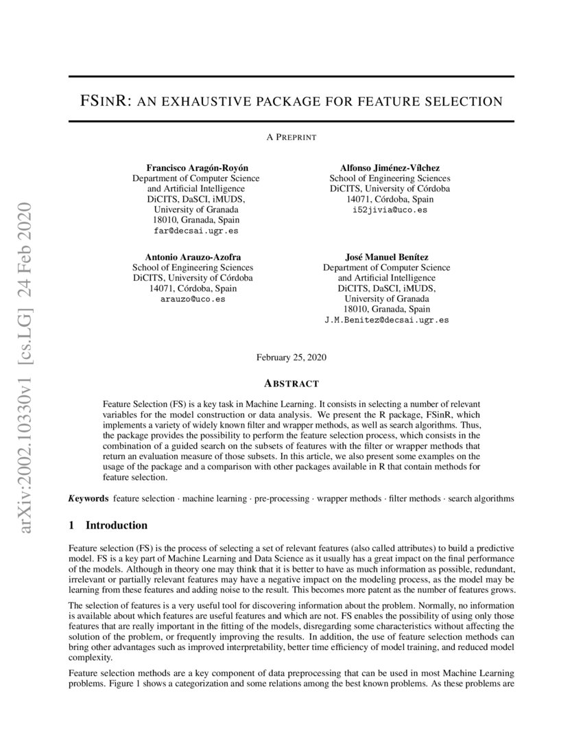 FSinR: an exhaustive package for feature selection | DeepAI