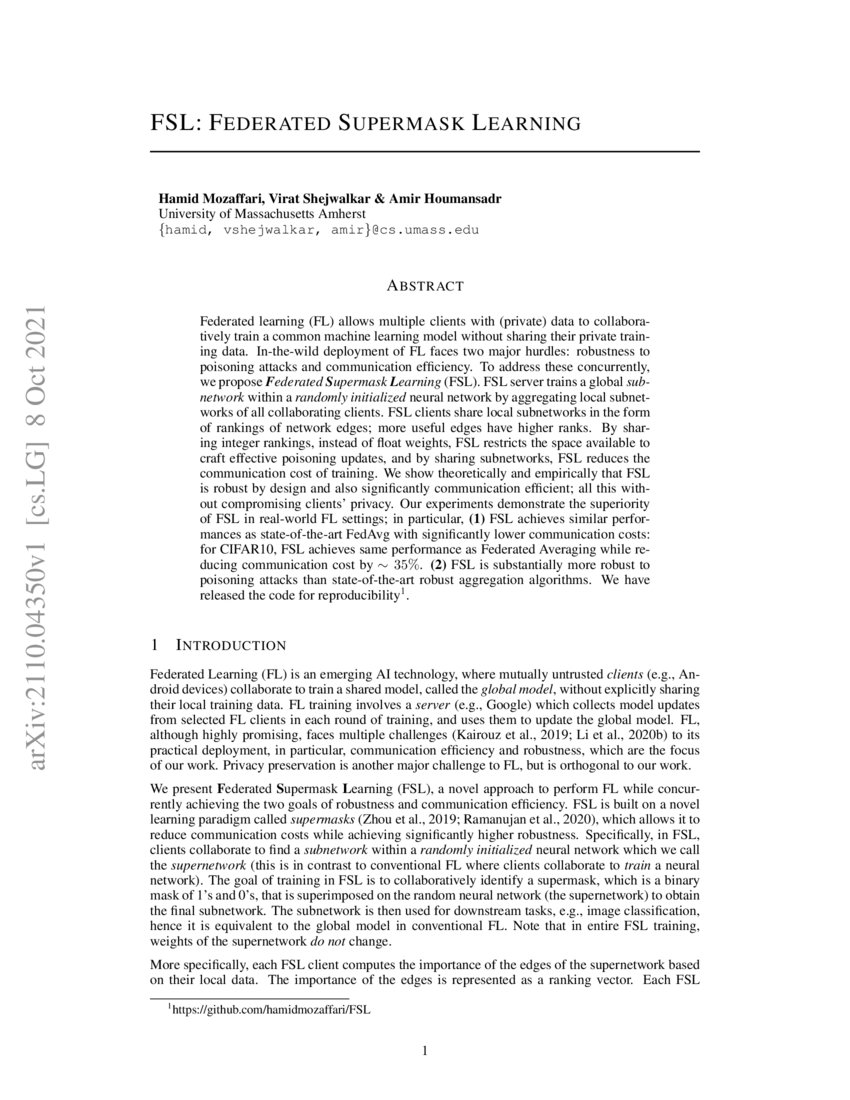 FSL: Federated Supermask Learning | DeepAI