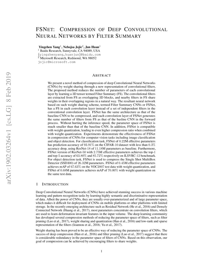 FSNet: Compression of Deep Convolutional Neural Networks by Filter Summary | DeepAI