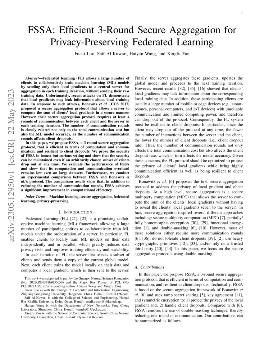Fssa Efficient 3 Round Secure Aggregation For Privacy Preserving Federated Learning Deepai
