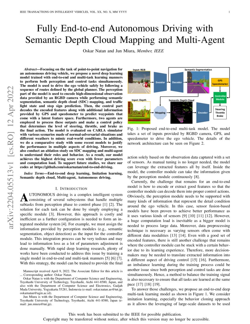 Fully End-to-end Autonomous Driving with Semantic Depth Cloud Mapping and Multi-Agent | DeepAI