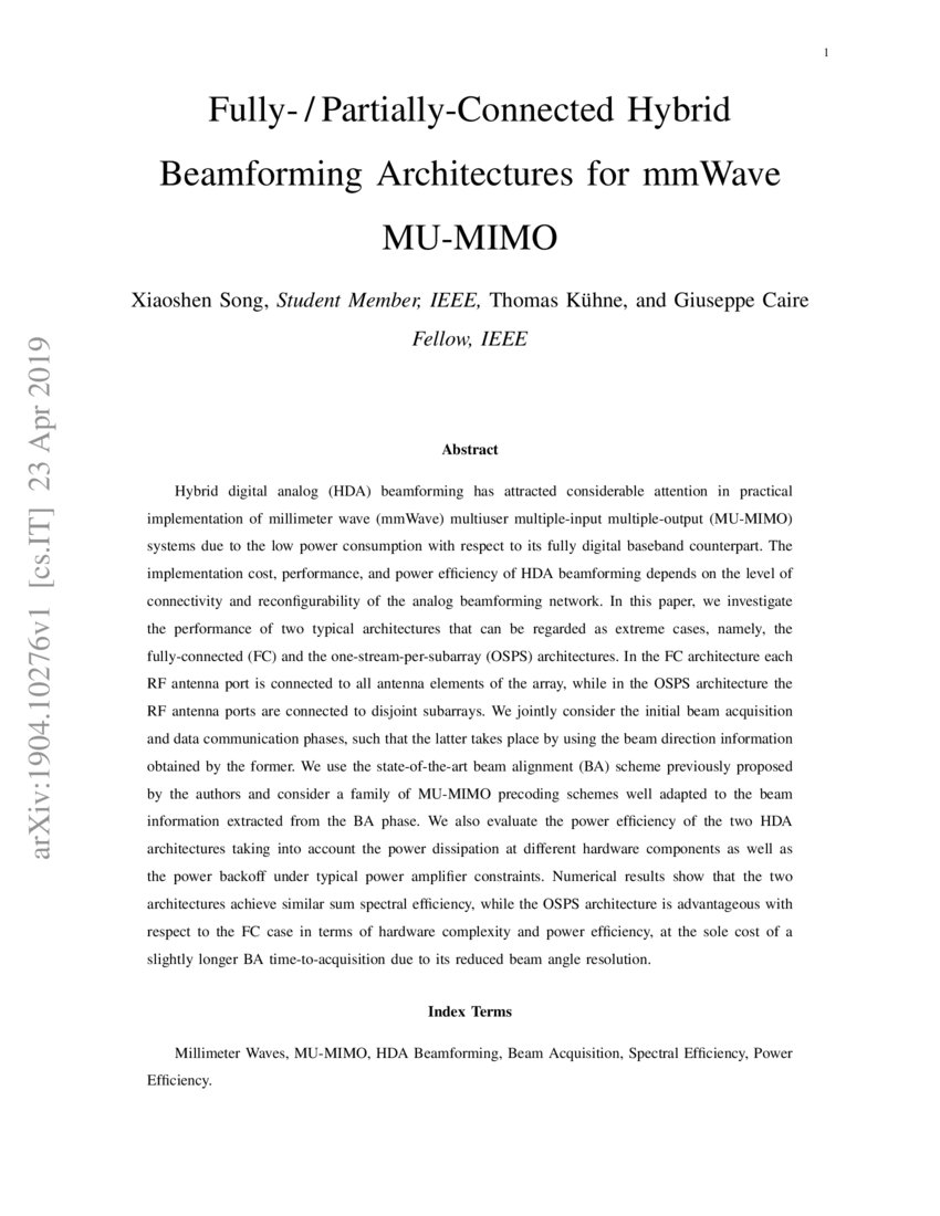 Fully Partially Connected Hybrid Beamforming Architectures For Mmwave Mu Mimo Deepai