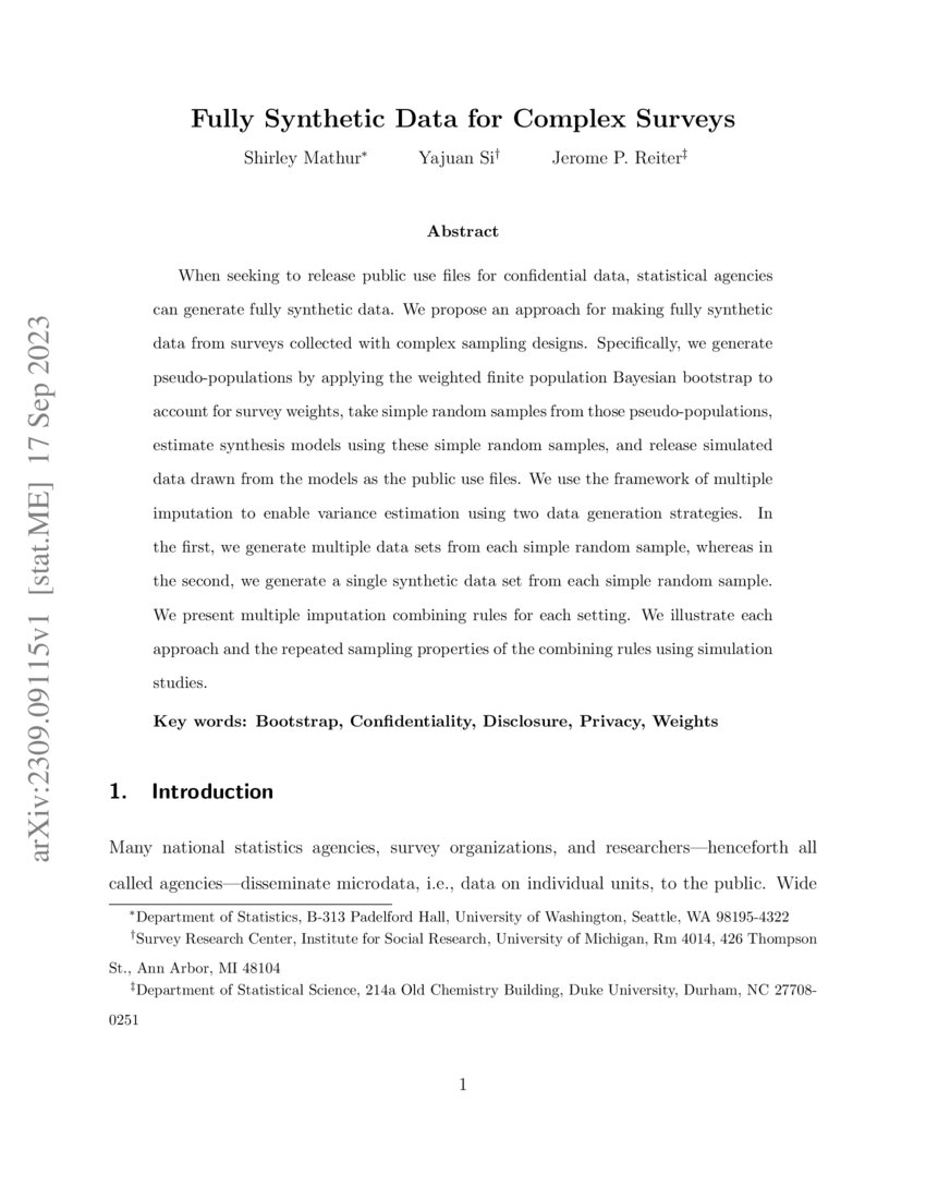 Fully Synthetic Data for Complex Surveys | DeepAI