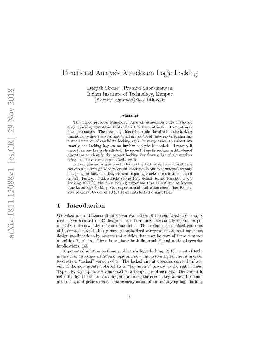 Functional Analysis Attacks On Logic Locking Deepai