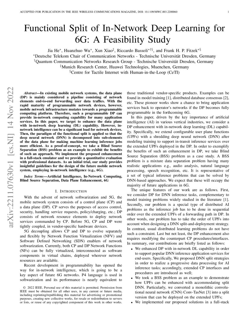 Functional Split of In-Network Deep Learning for 6G: A Feasibility ...