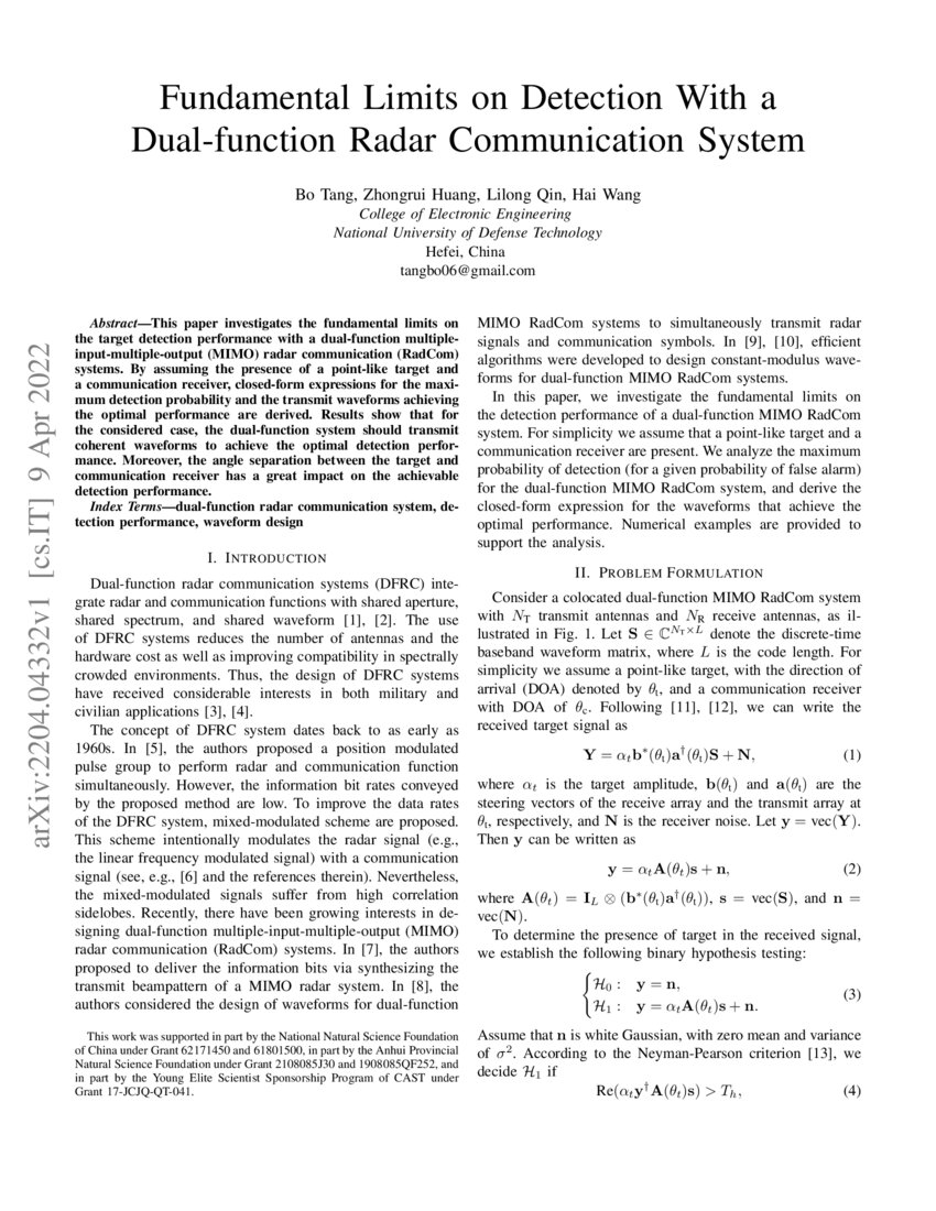 Fundamental Limits On Detection With A Dual Function Radar Communication System Deepai