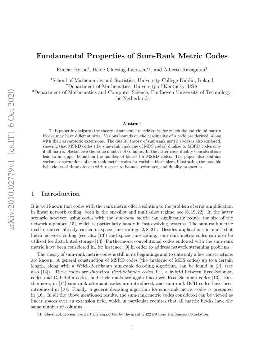 Fundamental Properties of Sum-Rank Metric Codes | DeepAI