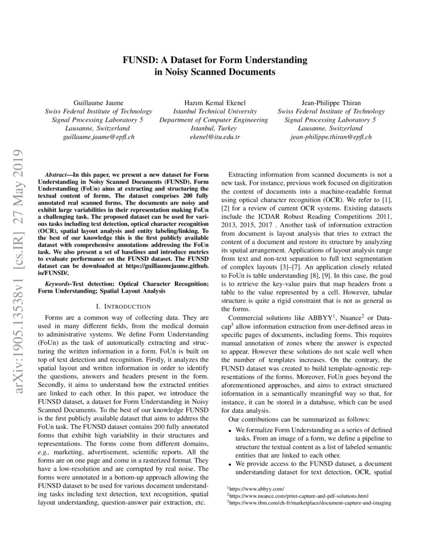 FUNSD: A Dataset for Form Understanding in Noisy Scanned Documents | DeepAI