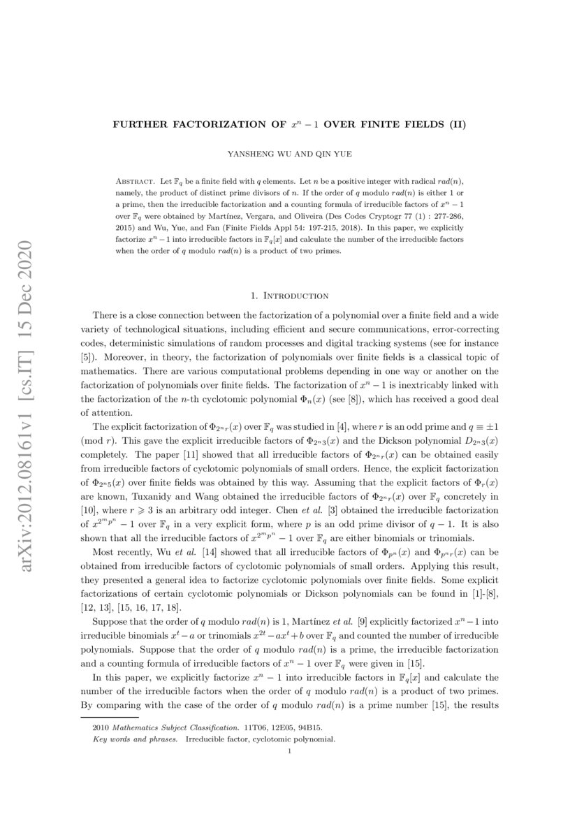 Further Factorization Of Xn 1 Over Finite Fields Ii Deepai