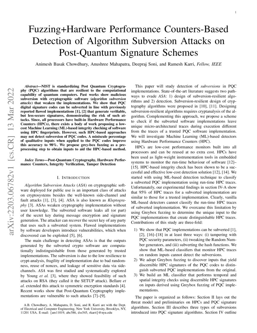 Fuzzing+Hardware Performance Counters-Based Detection of Algorithm Subversion Attacks on Post ...