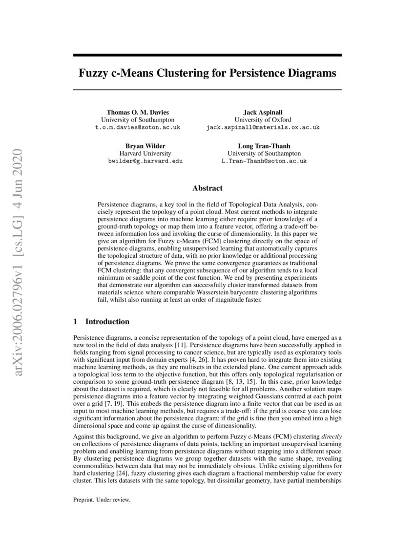 Fuzzy c-Means Clustering for Persistence Diagrams | DeepAI