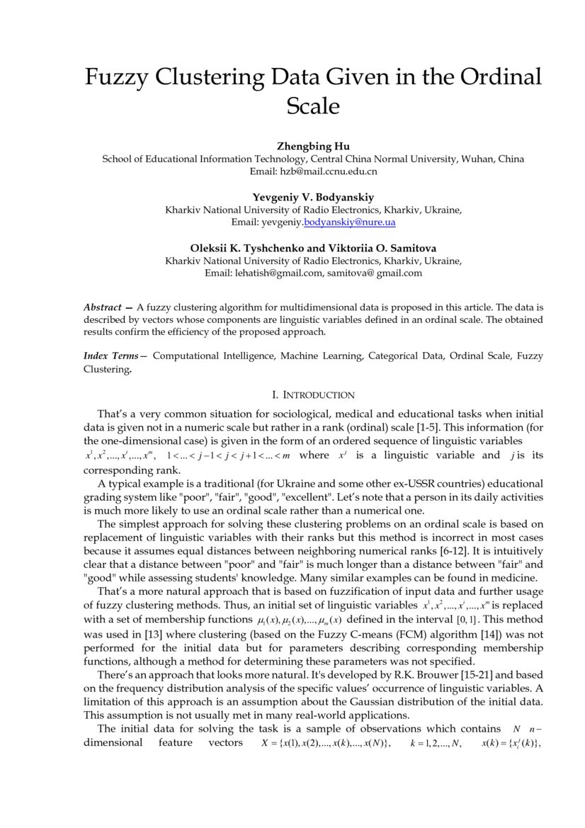 Fuzzy Clustering Data Given In The Ordinal Scale Deepai