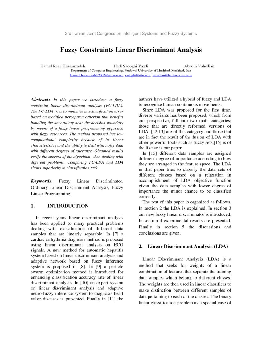 Fuzzy Constraints Linear Discriminant Analysis Deepai 