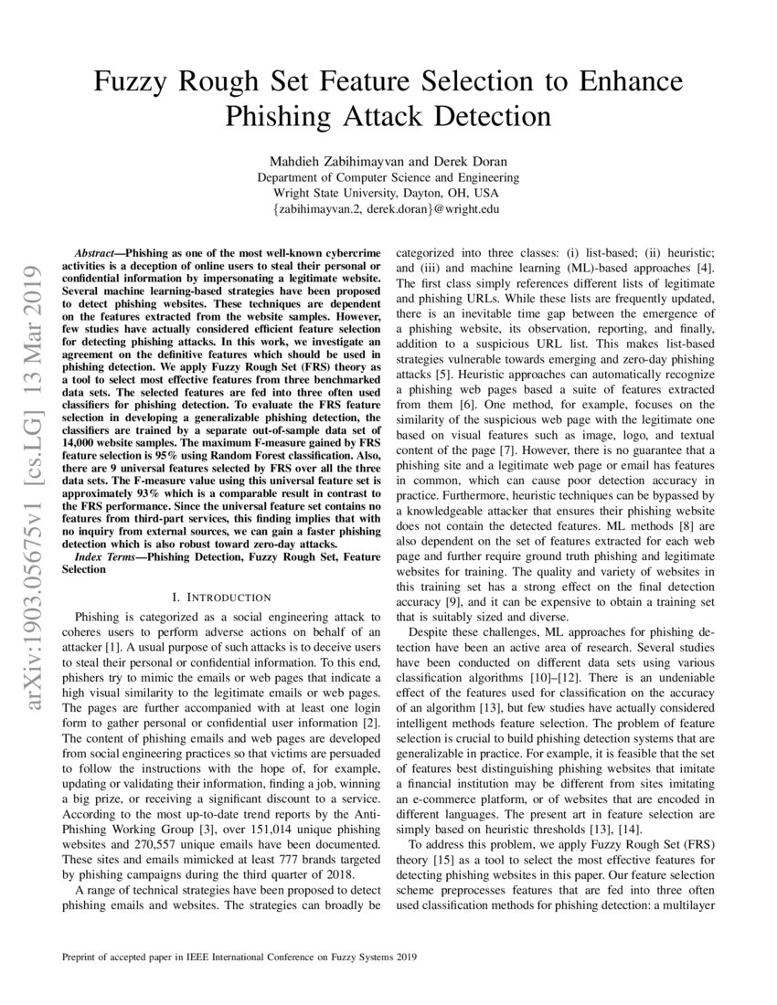 Fuzzy Rough Set Feature Selection To Enhance Phishing Attack Detection Deepai