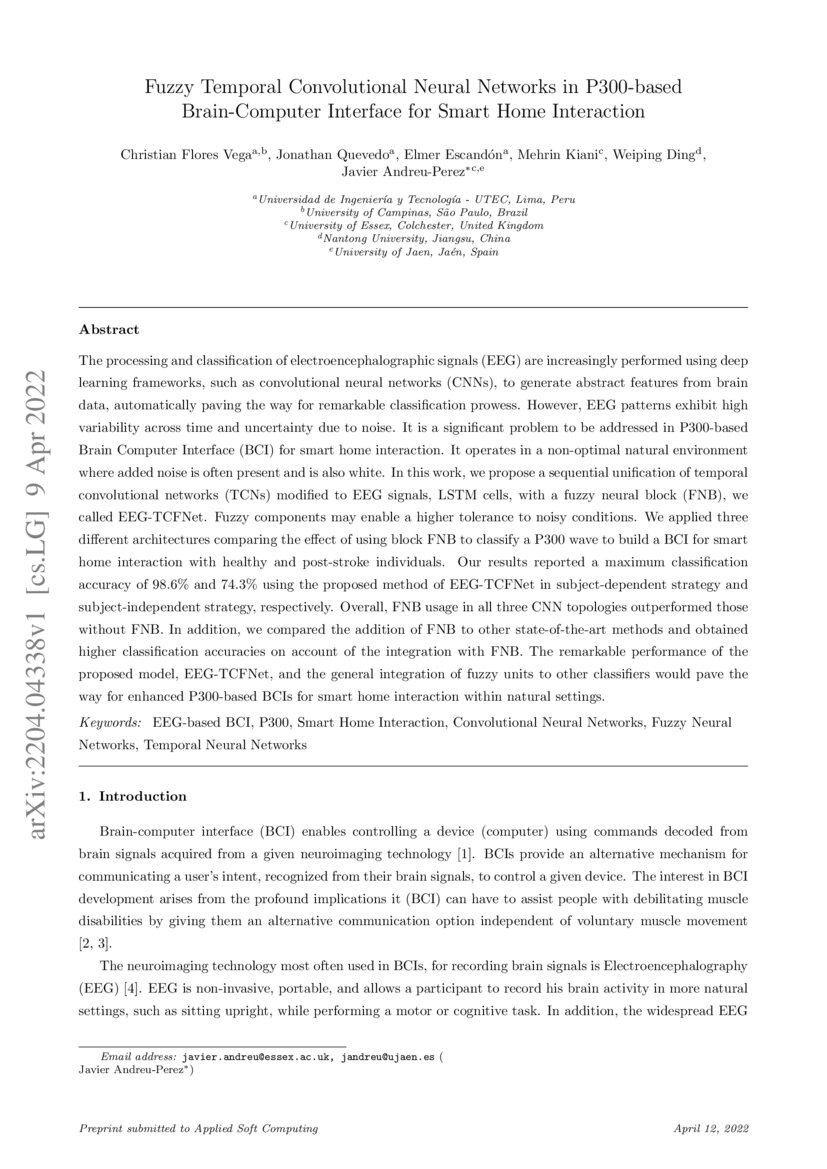 Fuzzy Temporal Convolutional Neural Networks In P300 Based Brain Computer Interface For Smart