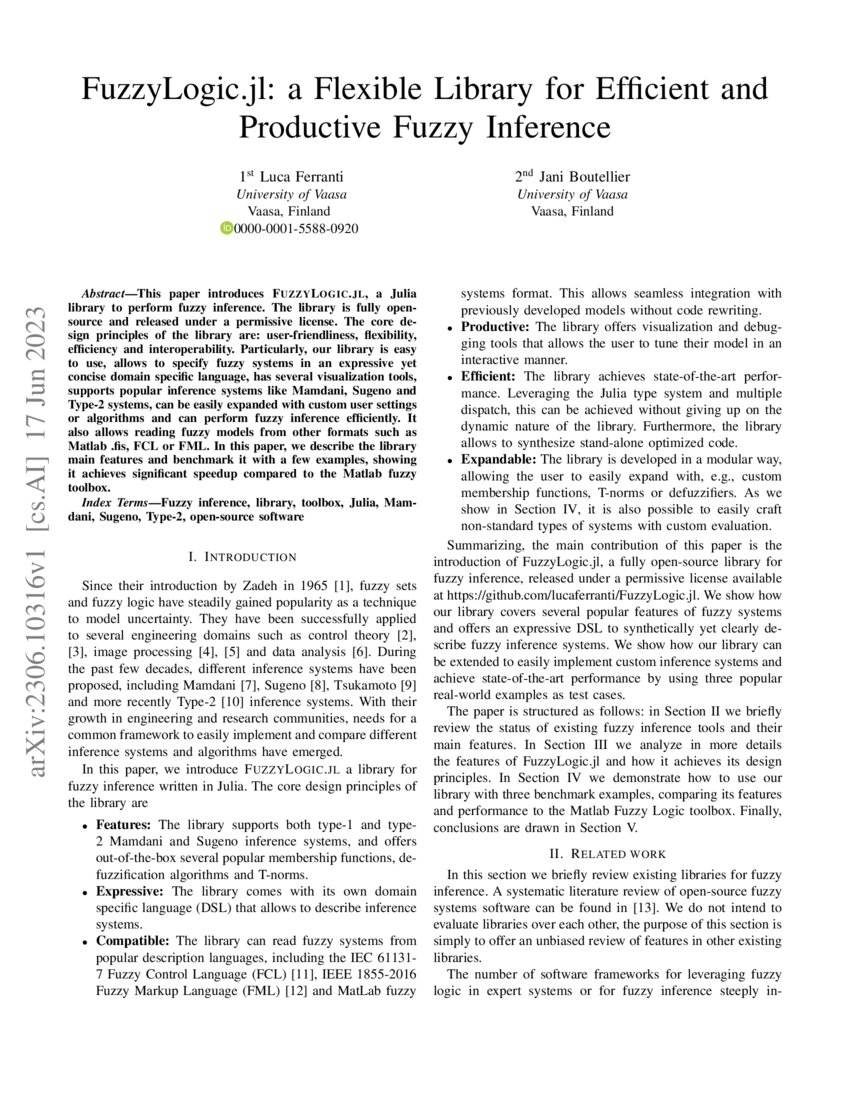 FuzzyLogic.jl: a Flexible Library for Efficient and Productive Fuzzy Inference | DeepAI