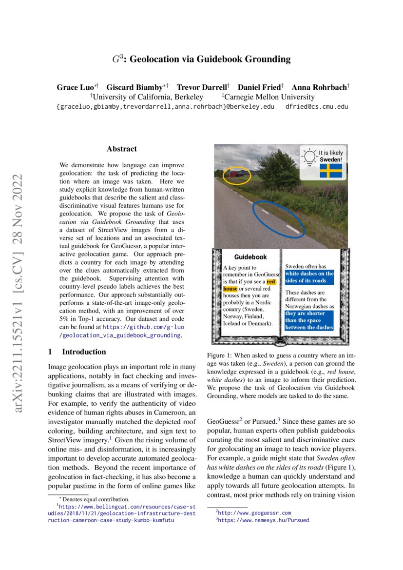 G^3: Geolocation via Guidebook Grounding | DeepAI
