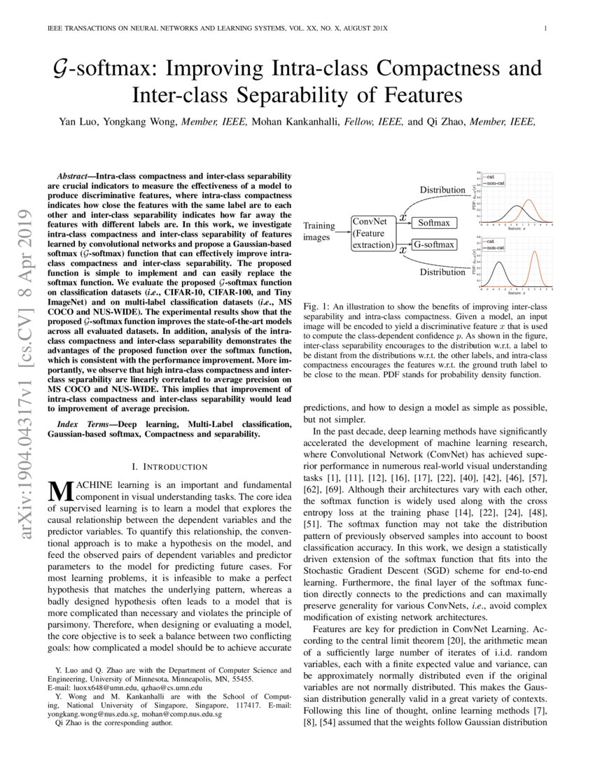 G-softmax: Improving Intra-class Compactness and Inter-class Separability of Features | DeepAI