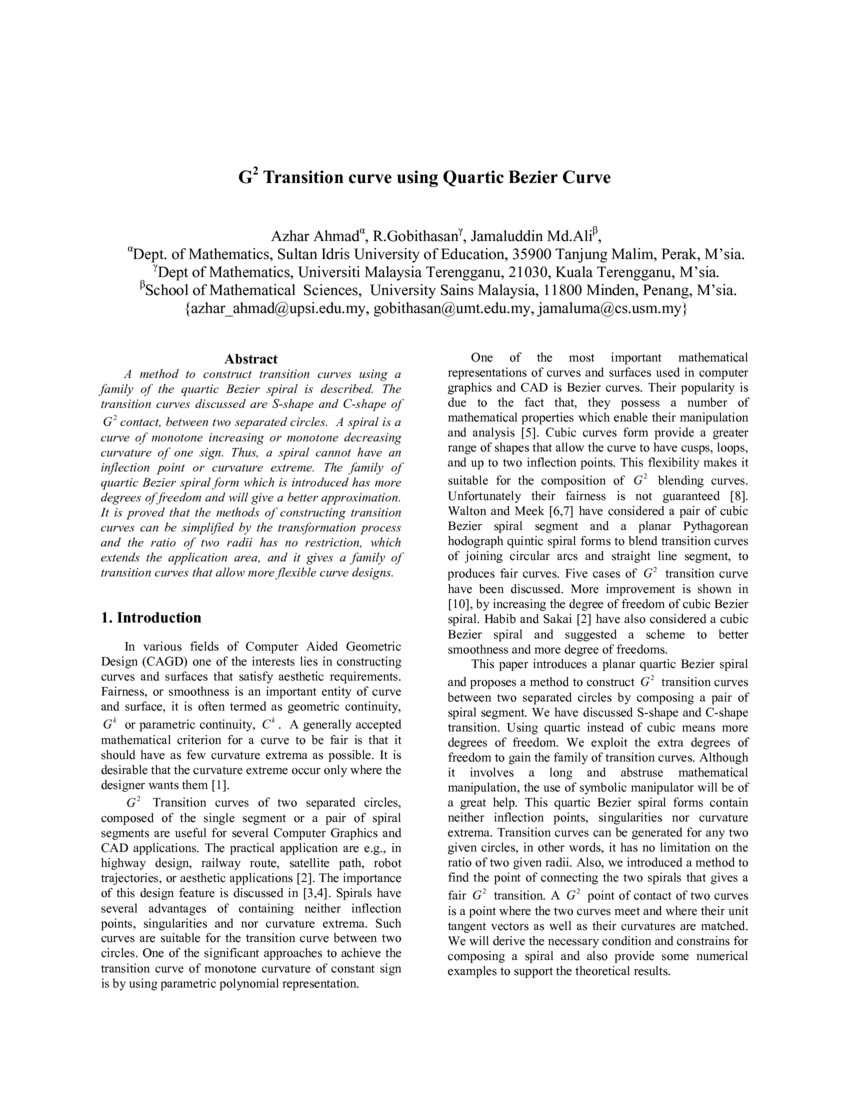G2 Transition curve using Quartic Bezier Curve | DeepAI