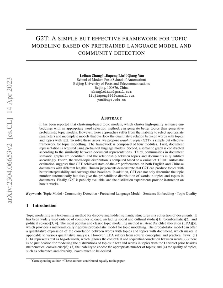 G2t A Simple But Effective Framework For Topic Modeling Based On