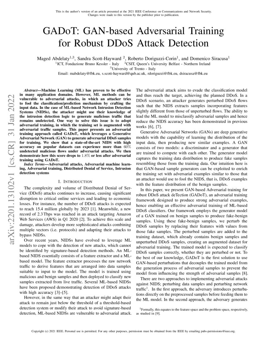 Gadot Gan Based Adversarial Training For Robust Ddos Attack Detection